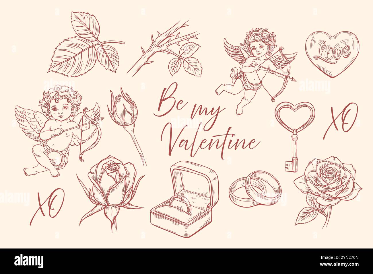 Set of sketches, engravings for Valentine's Day. Heart, cupid, roses ...