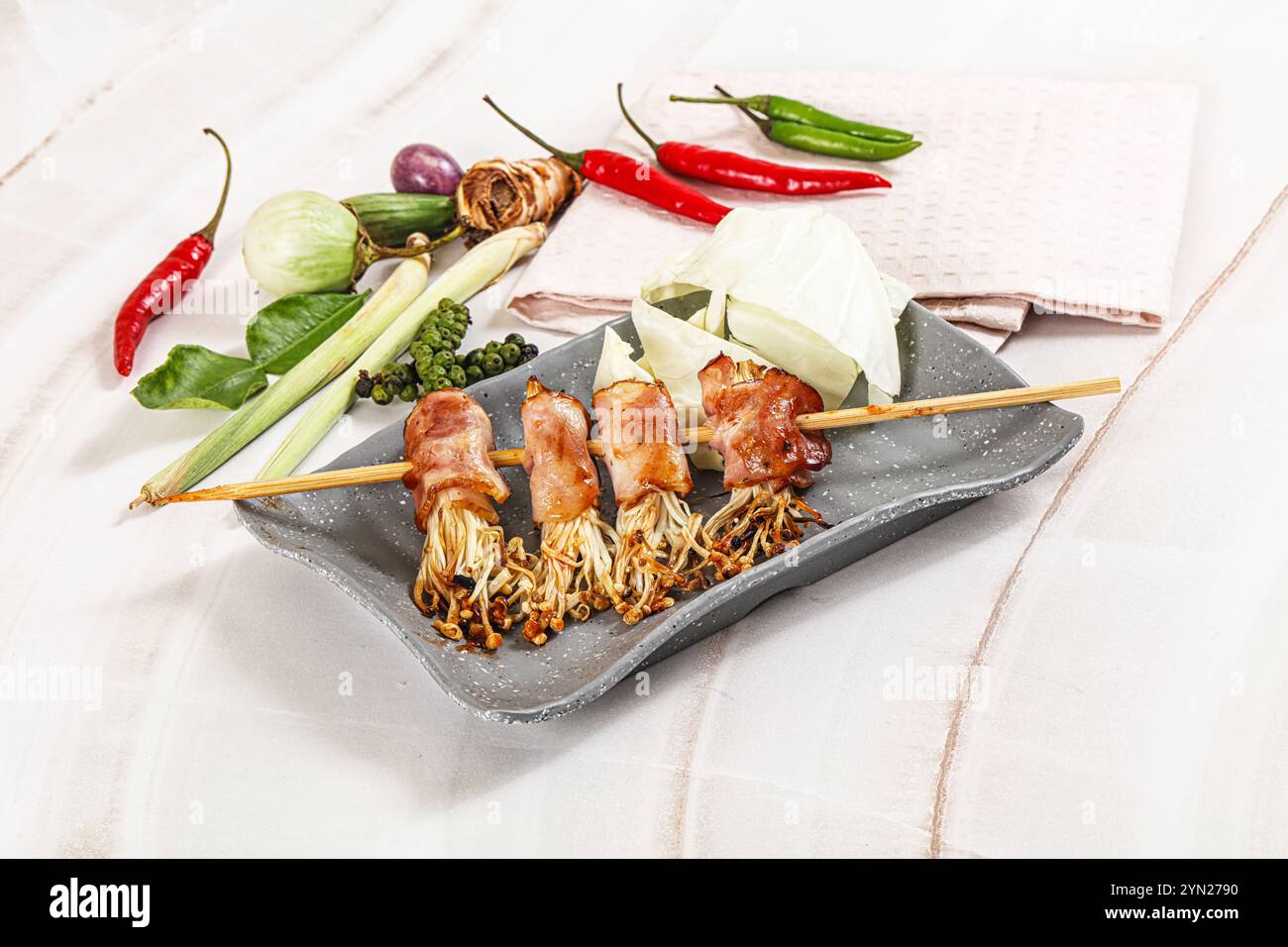 Thai Street foof satay with bacon and mushroom enoki skewer Stock Photo ...