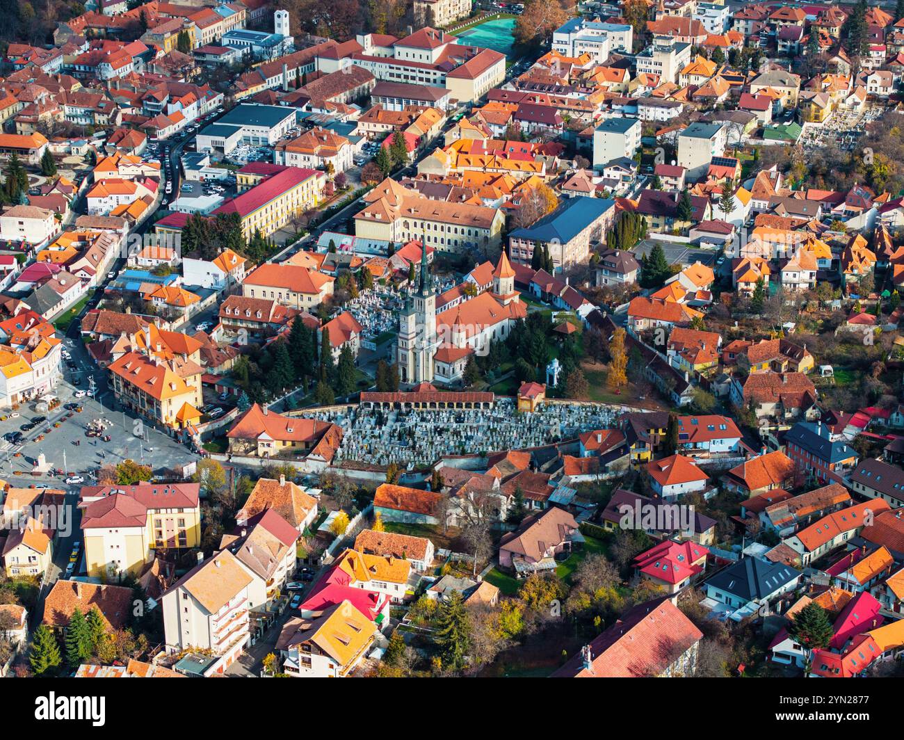 Aerial drone view of St. Nicholas Church and The First Romanian School ...