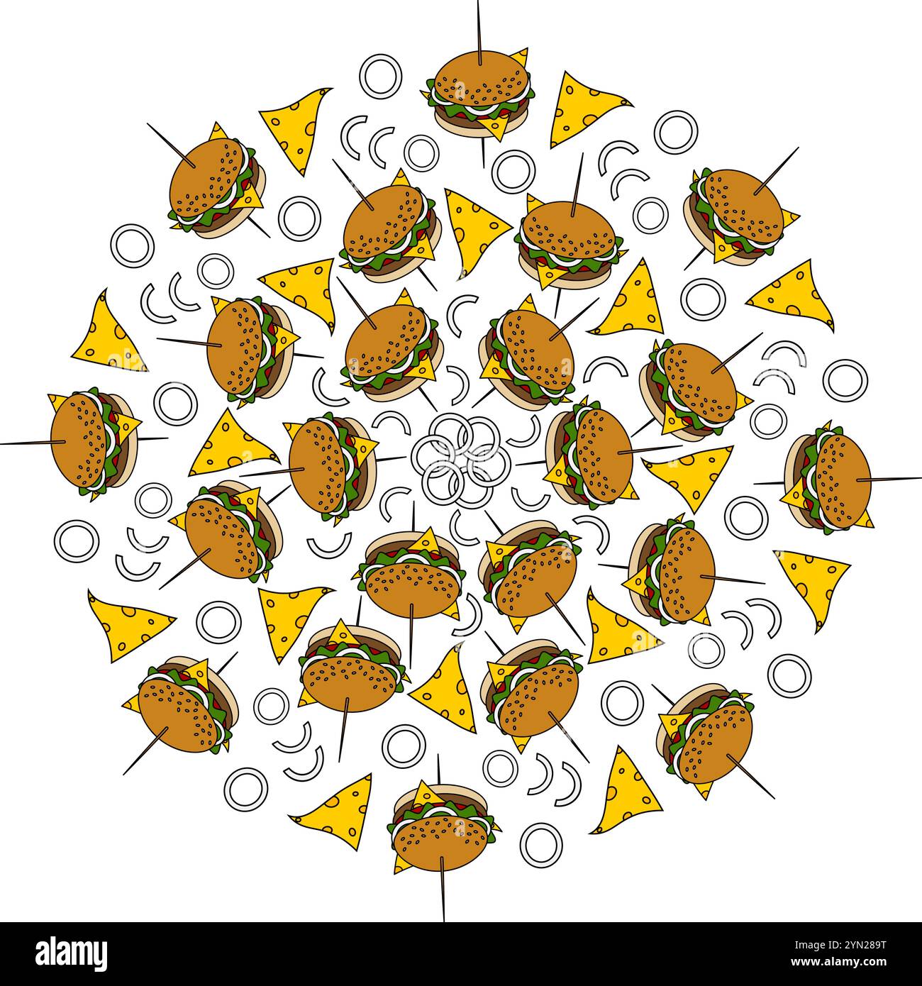 Hamburger on steak, triangular chees slices and onion rings Circle Fast ...