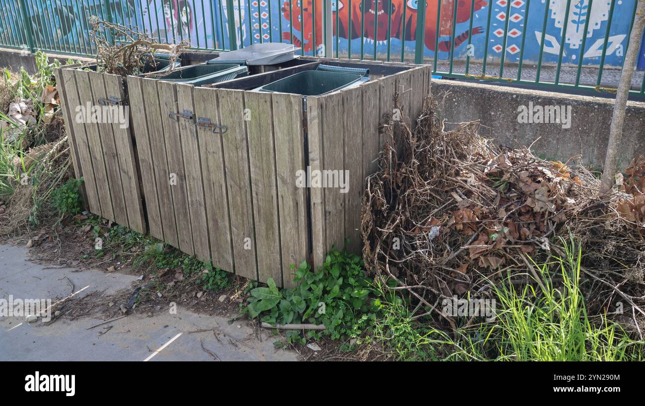 Overflowing green waste bins sit behind a weathered wooden enclosure ...