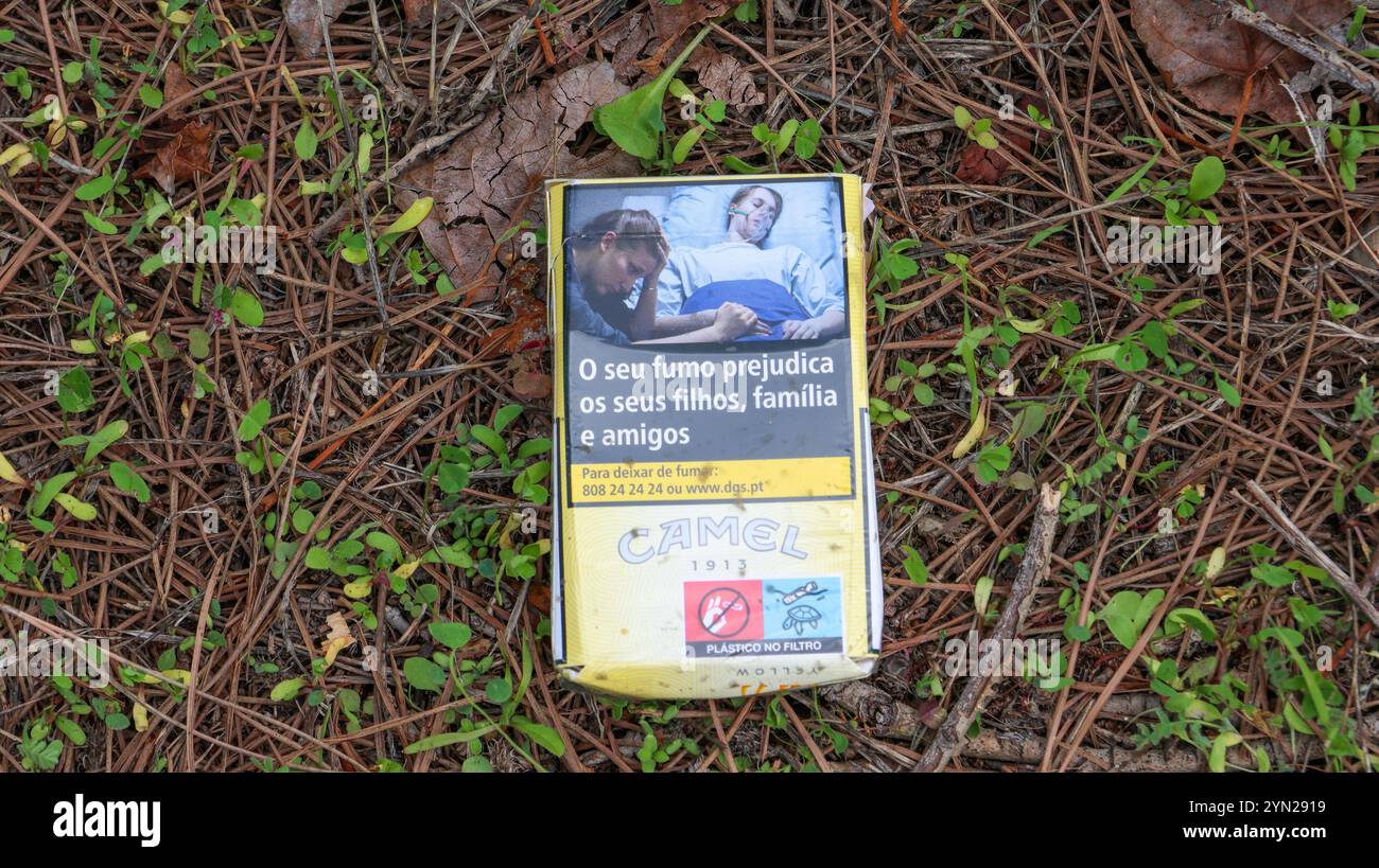 Empty yellow camel cigarette pack lying on the ground highlighting the ...