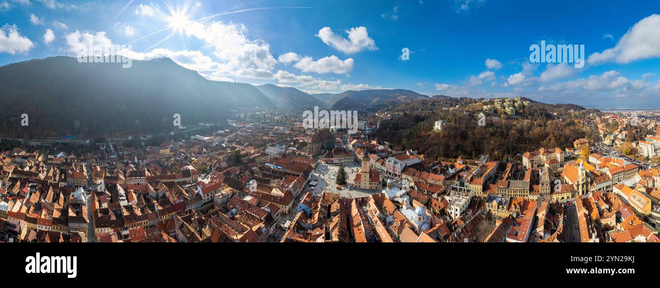 Aerial drone view of Brasov city old center in autumn season. Mountains ...