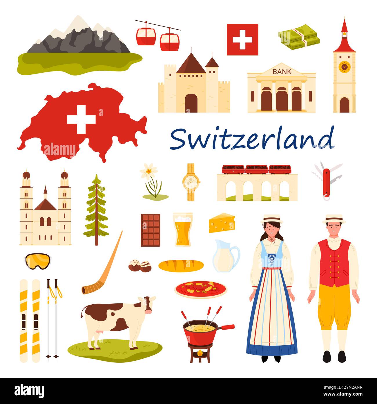 Travel to Switzerland set. Swiss people in national dress, heritage ...