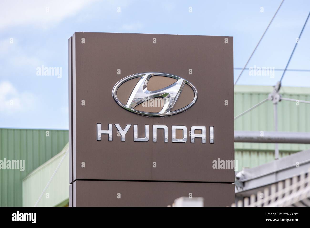 Hyundai motor company logo prominently displayed on a building signage ...