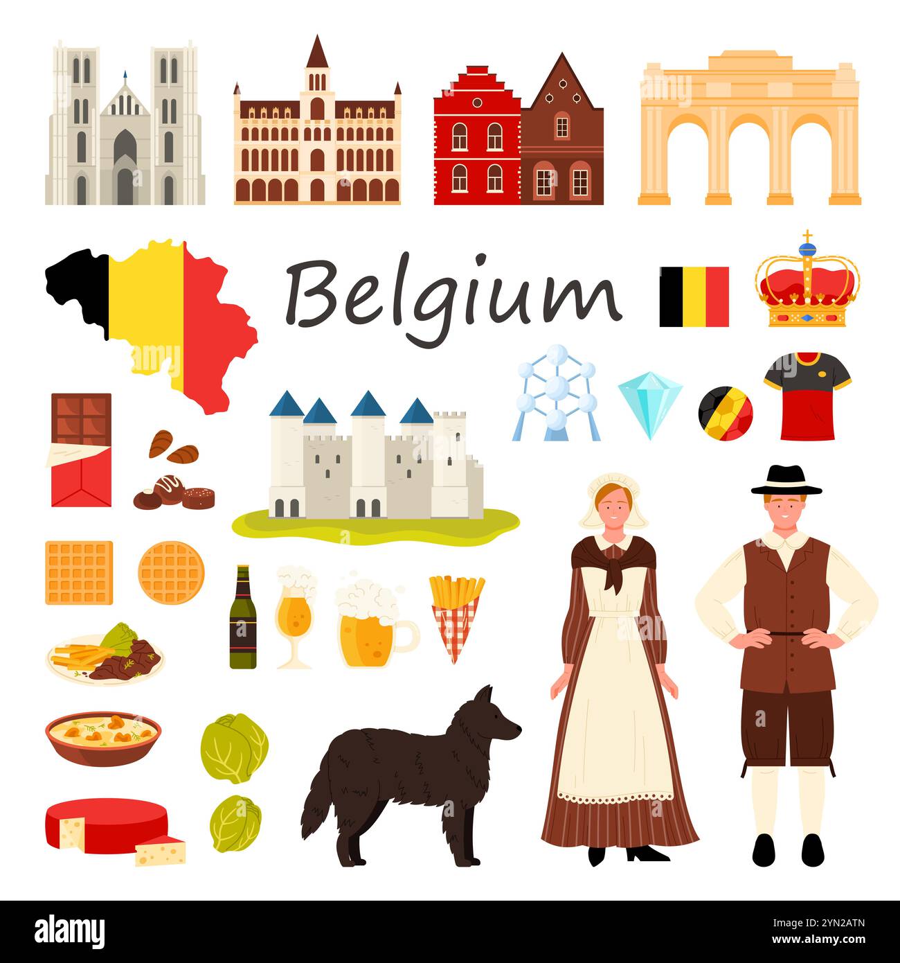 Travel to Belgium set. People in national costumes and buildings of ...