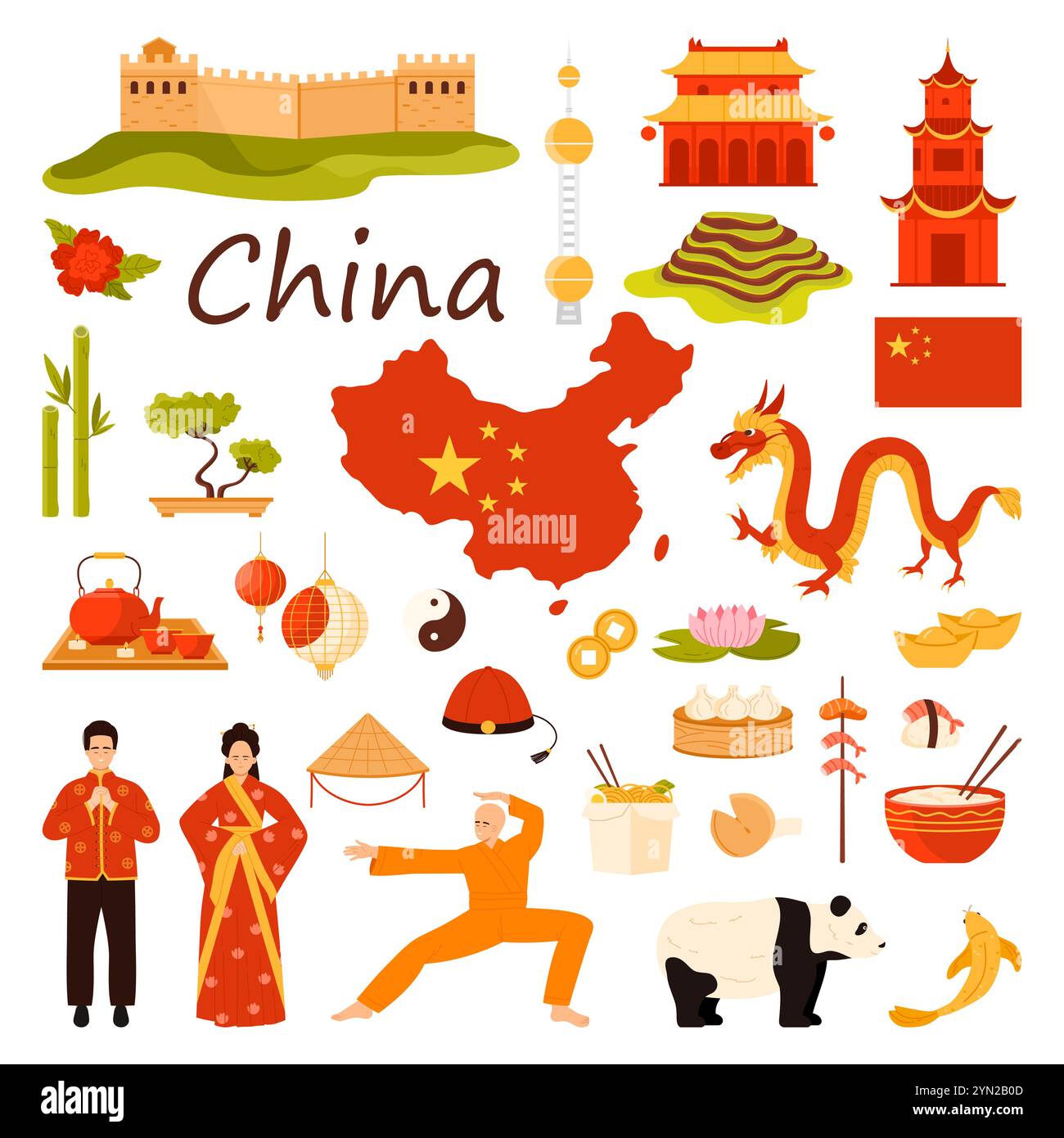 Travel to China set with Chinese culture elements, architecture and ...