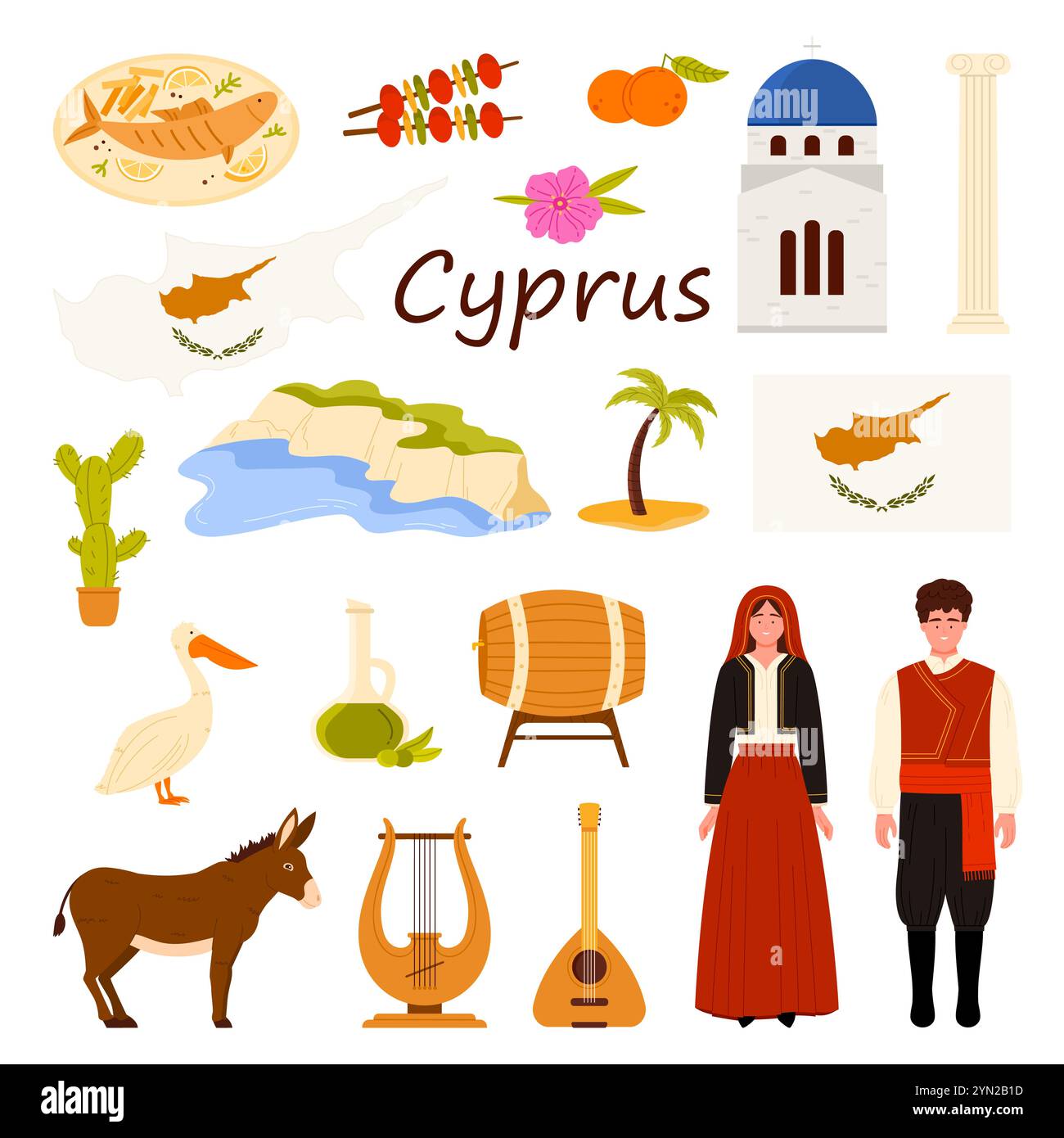 Travel to Cyprus set. Historic Greek monastery monuments and culture ...
