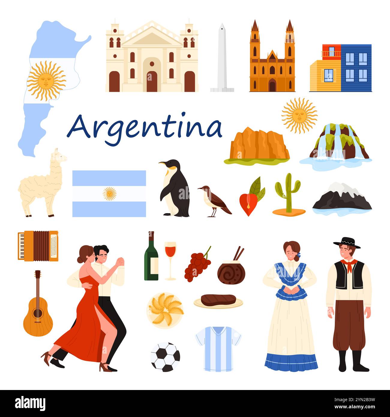 Travel to Argentina set. Historic monuments and culture landmarks ...