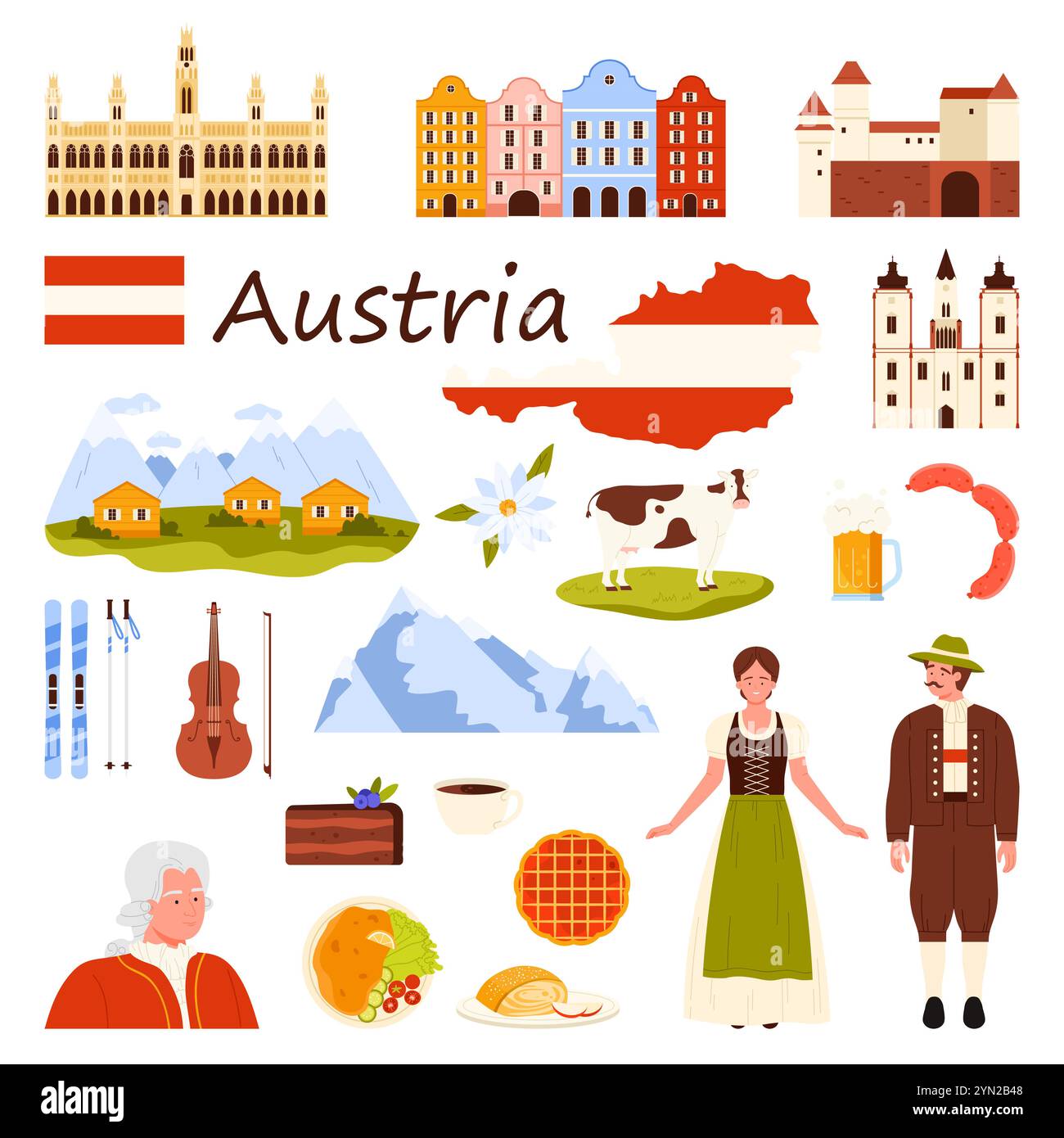 Culture elements and nature landscape, food of Austria set. Austrian ...