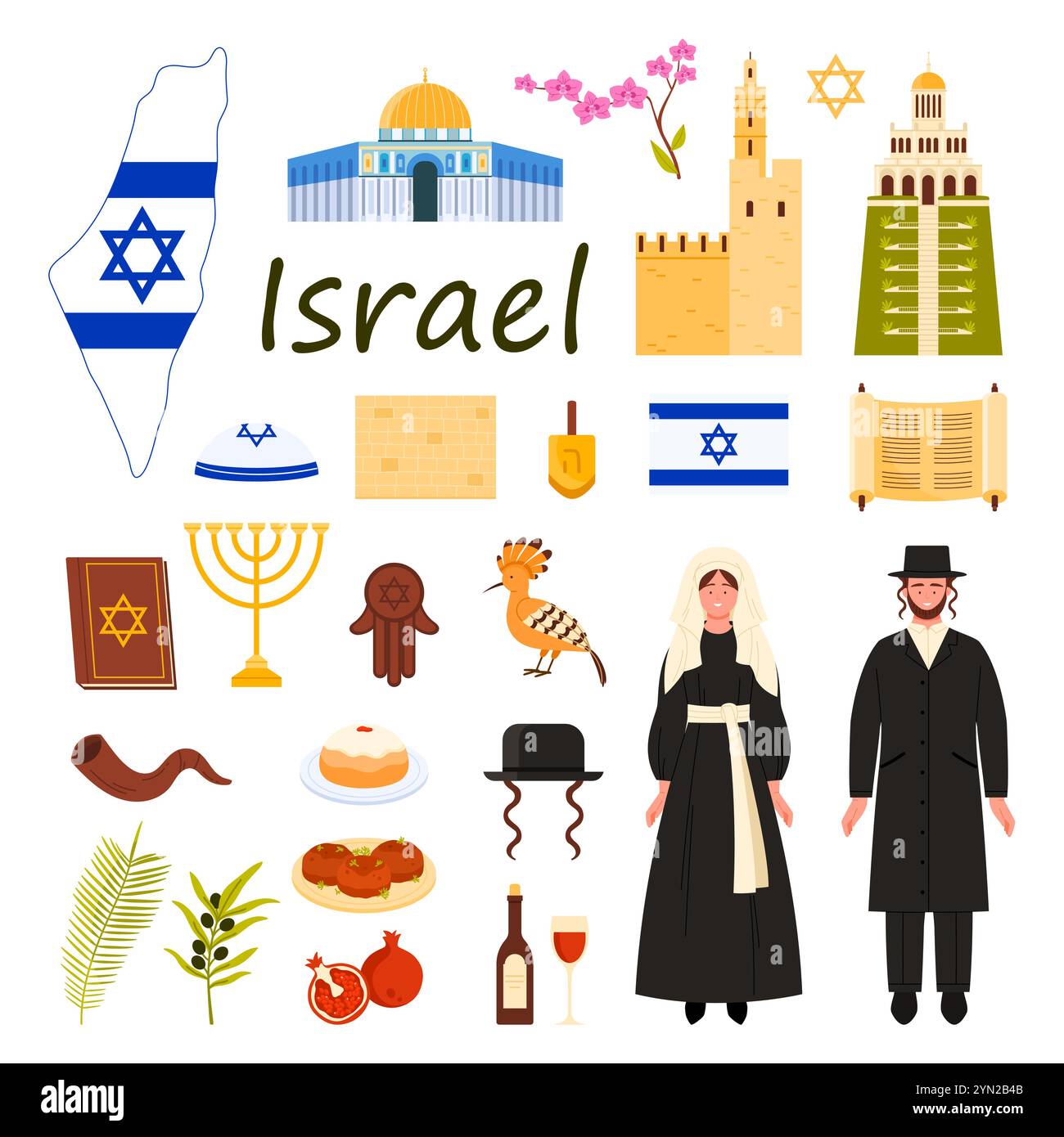 Travel to Israel set. Israeli people in traditional costumes and food ...