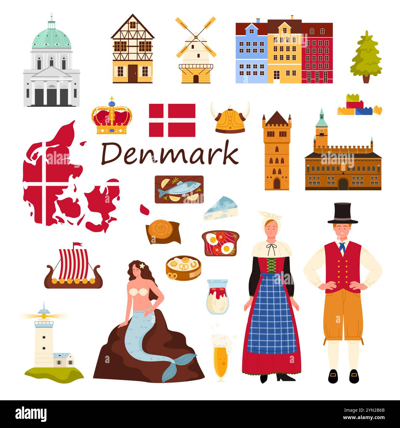 Travel to Denmark, famous culture elements and landmarks set. Rosenborg ...