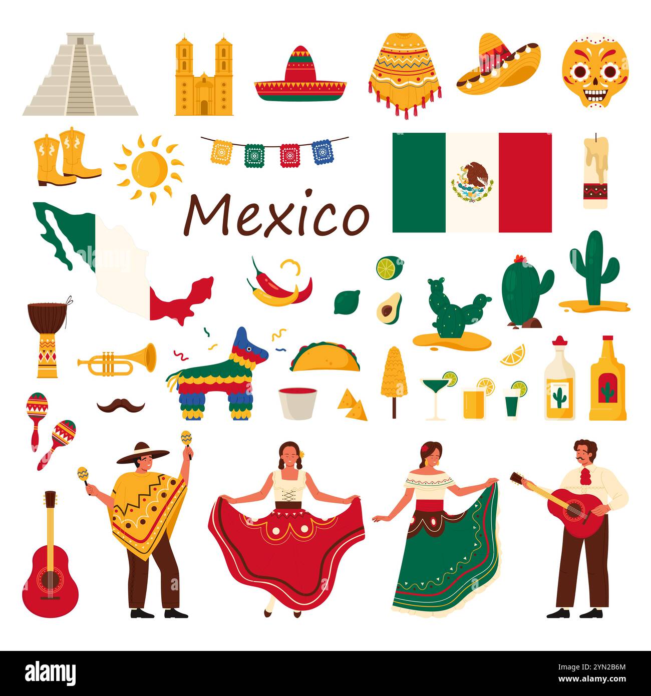 Travel to Mexico set. Mexicans in national costumes with musical ...