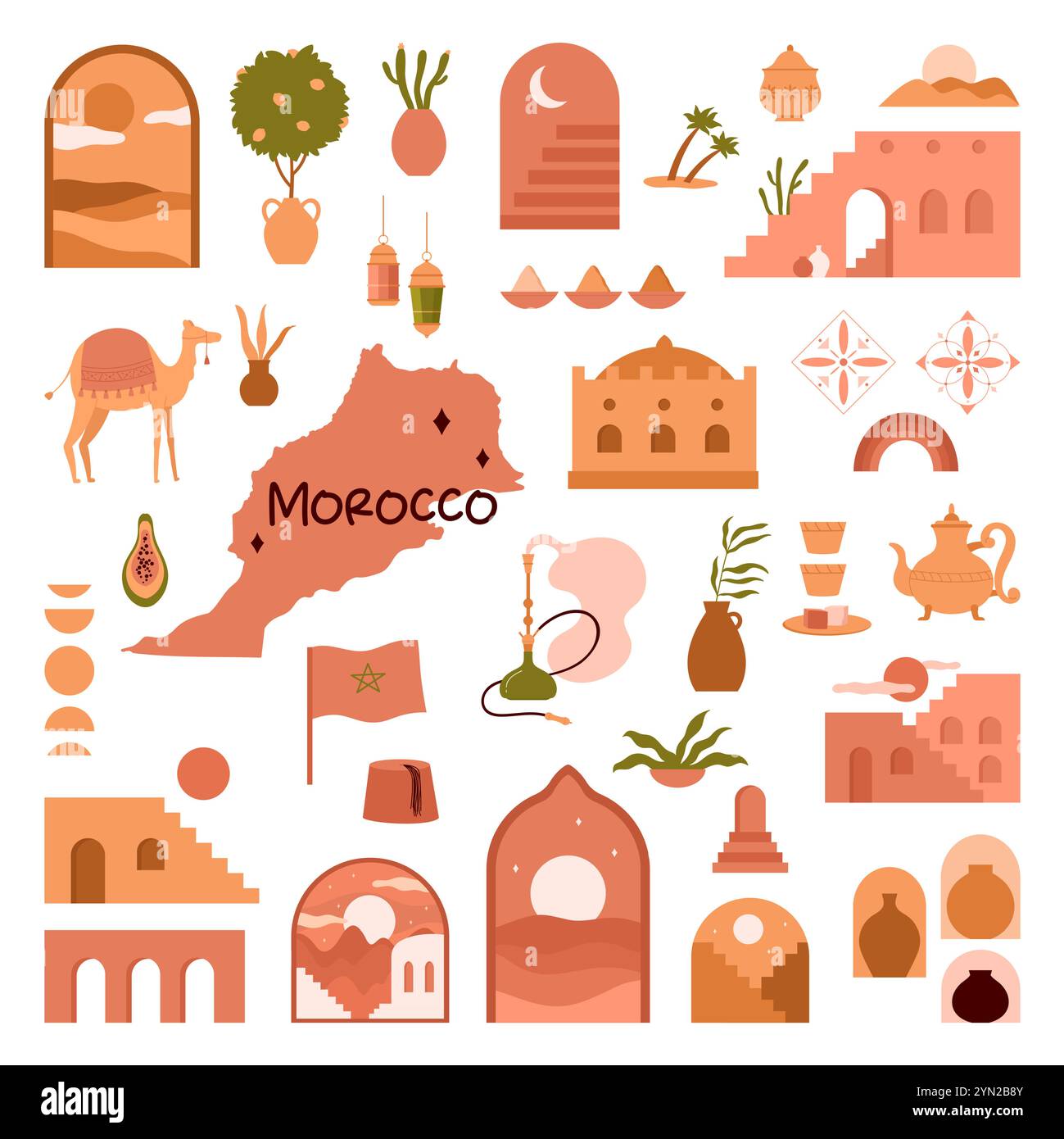 Morocco culture elements and traditional Arabian architecture set ...