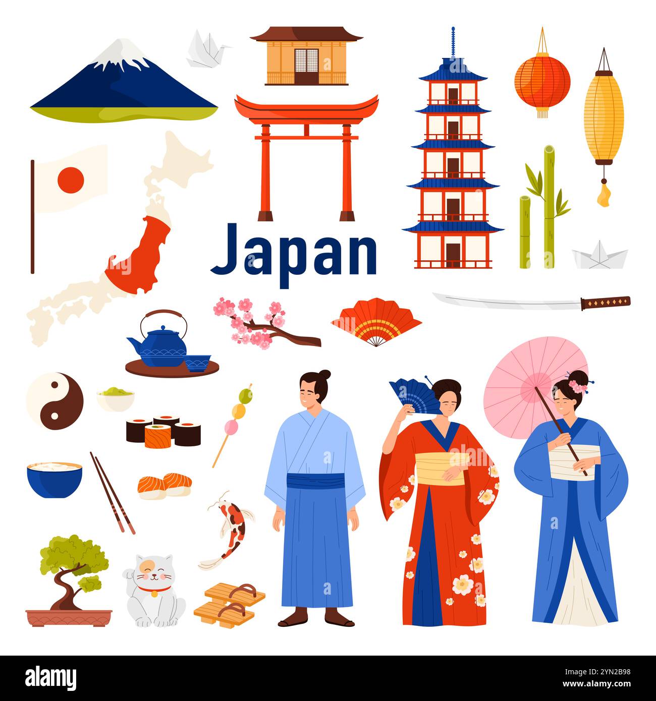 Travel to Japan set of culture elements. Japanese woman and man in ...