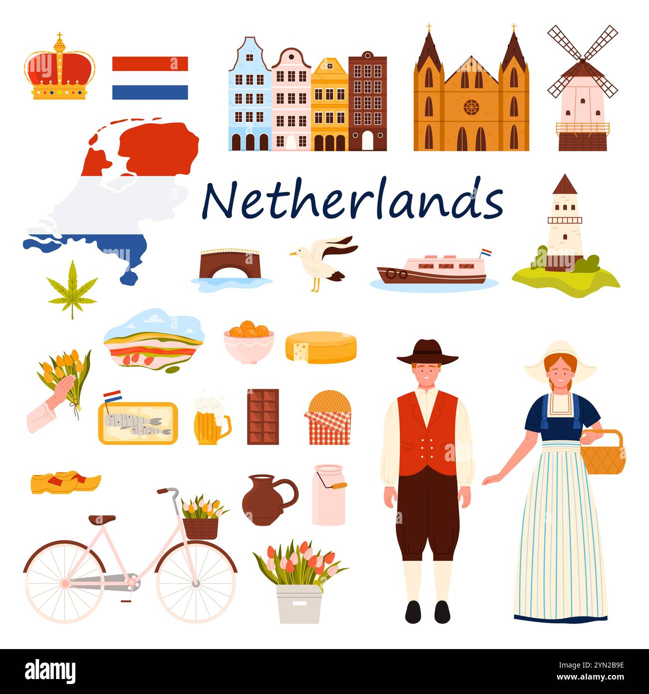 Travel to Netherlands set. Dutch people in traditional dress, flag and ...