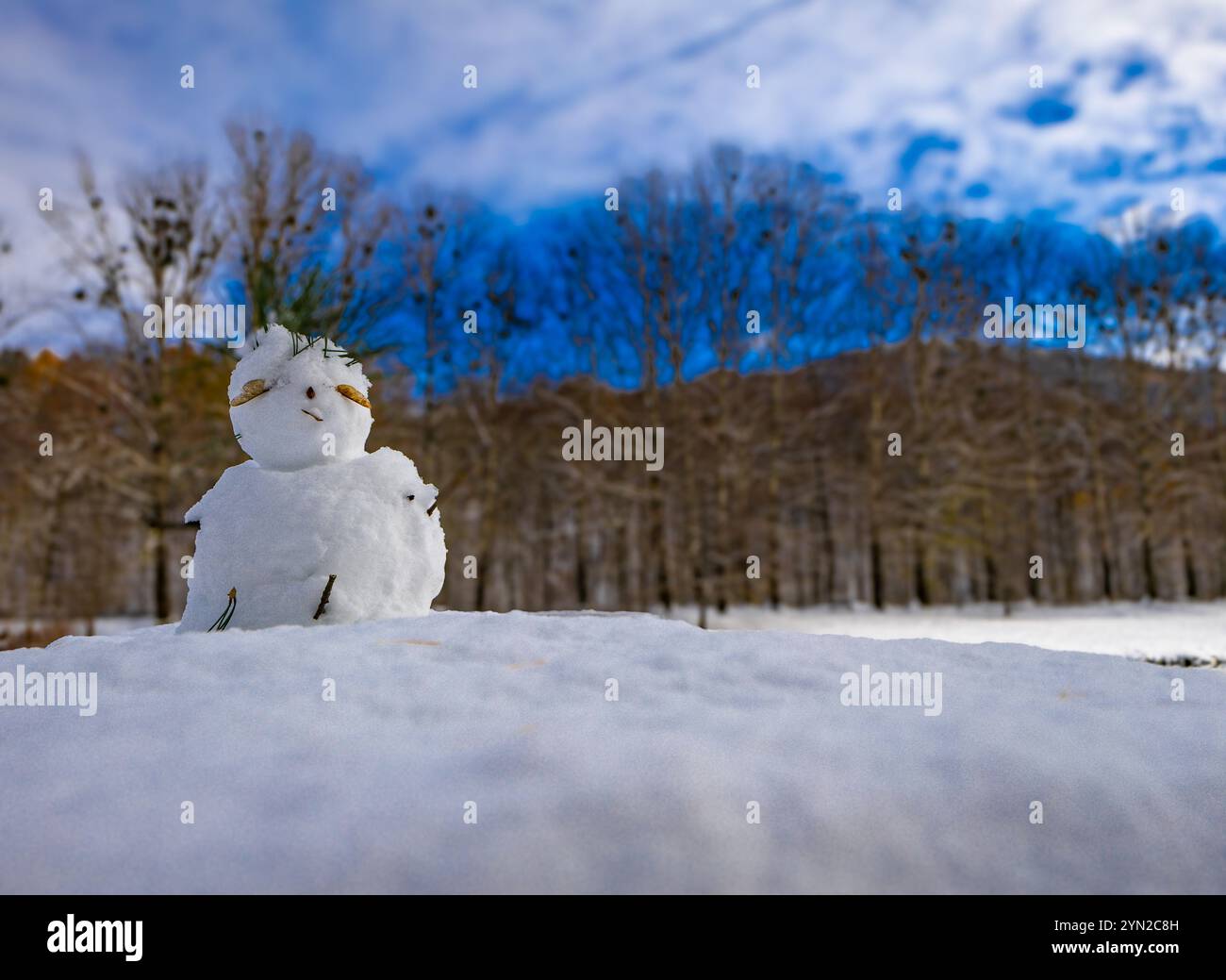 A walk along the river in the mountains, a small snowman made by ...
