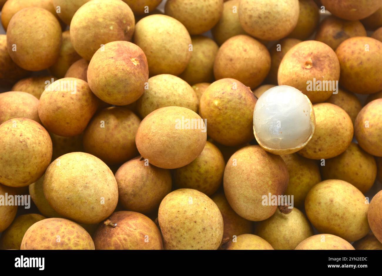 longan tropical fruit peeling out in batch background and texture Stock ...