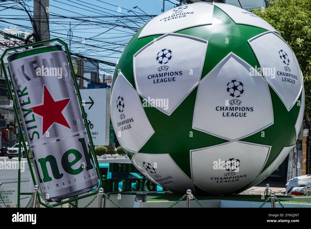 The ball of the Champions League on a pedestal and Heineken sponsor ...