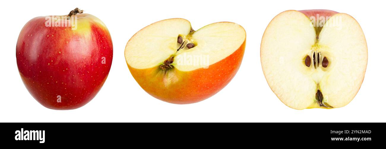 Red apple isolated. Whole apple, half and a slice on white background ...