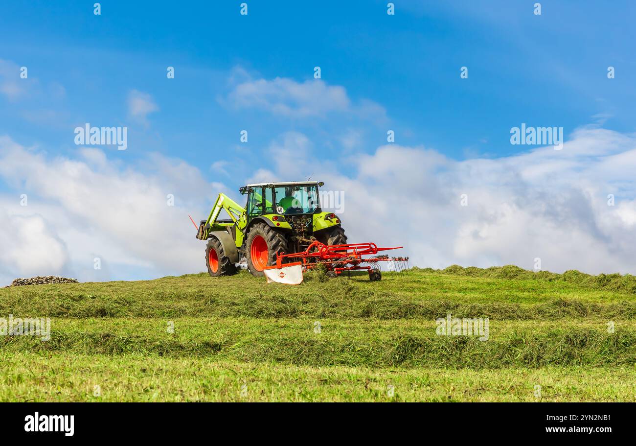 Farmer working the land, driving his tractor and turning the cut hay to ...