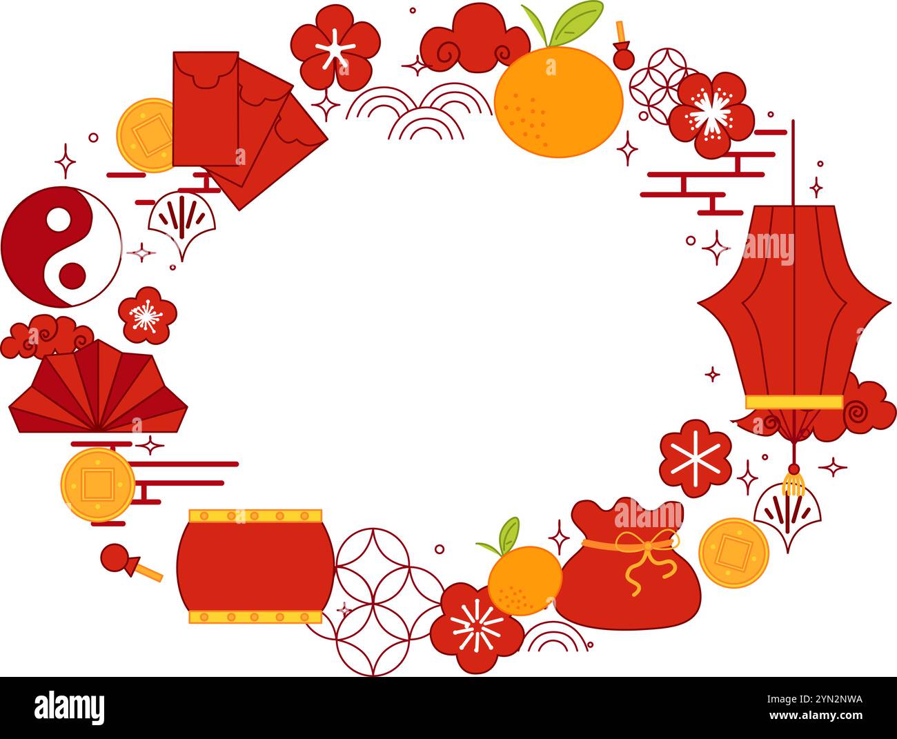 Chinese graphic illustration with cute red lanterns, plum blossoms ...