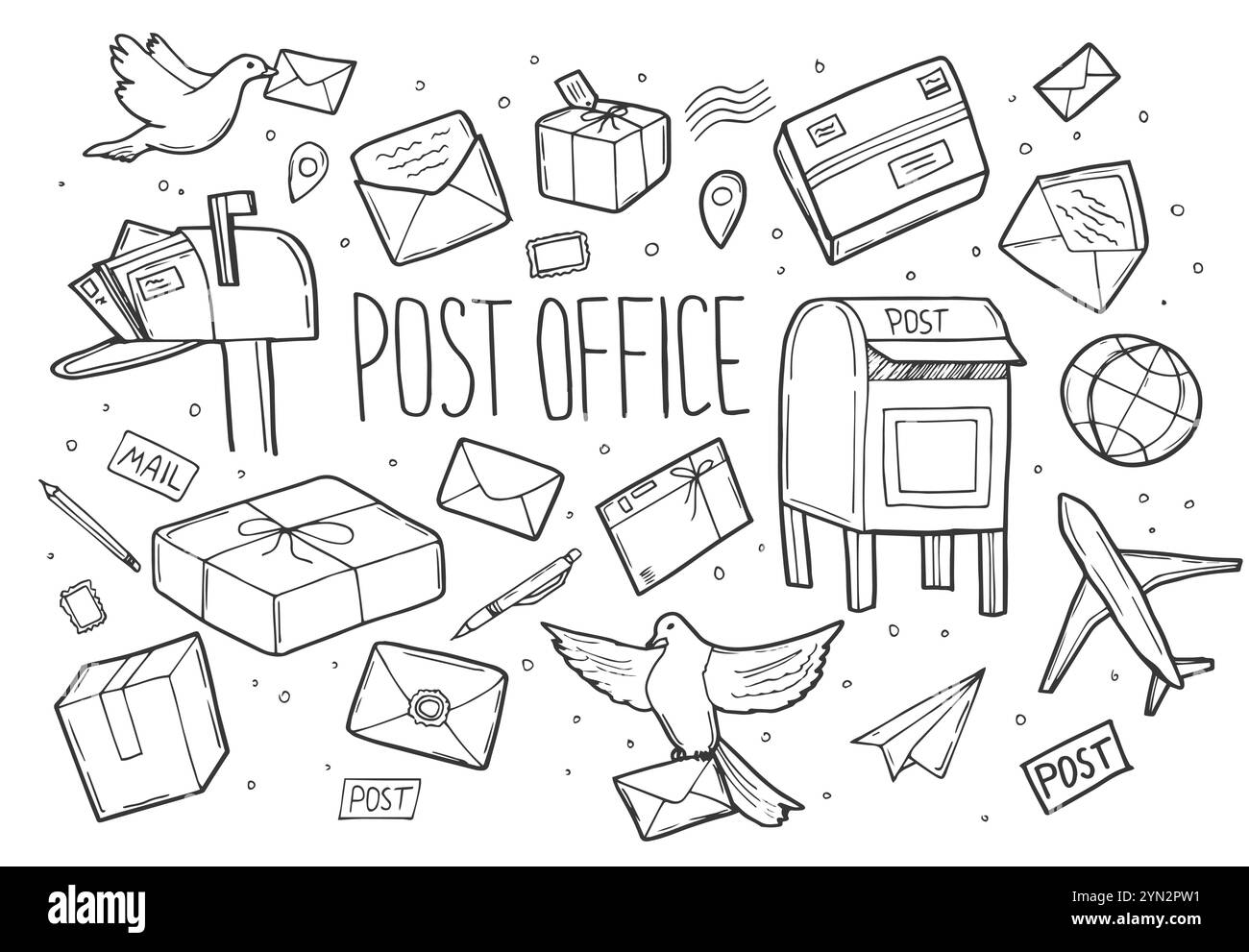 Hand drawn Post office doodle set background with blue lettering in ...