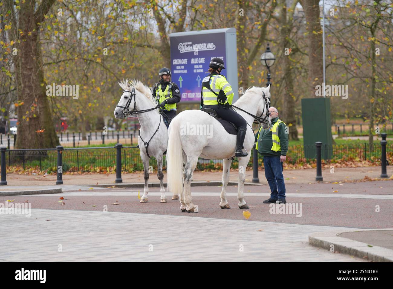 Mounted Police officers at Hyde Park in London, which has been closed ...