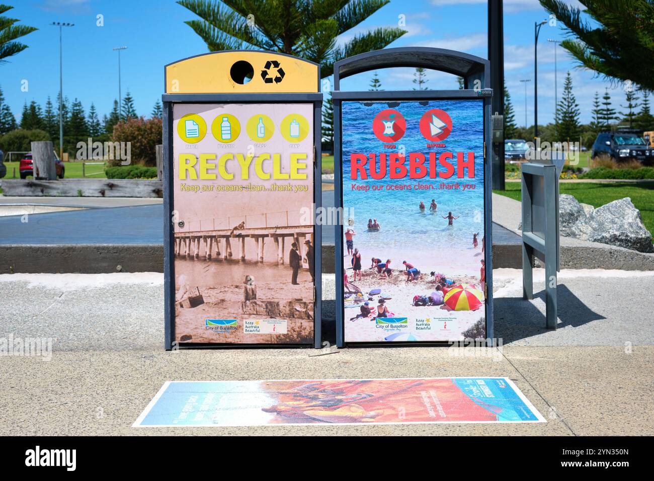 Public bins provided for recycling and rubbish on the Busselton foreshore in Western Australia ...