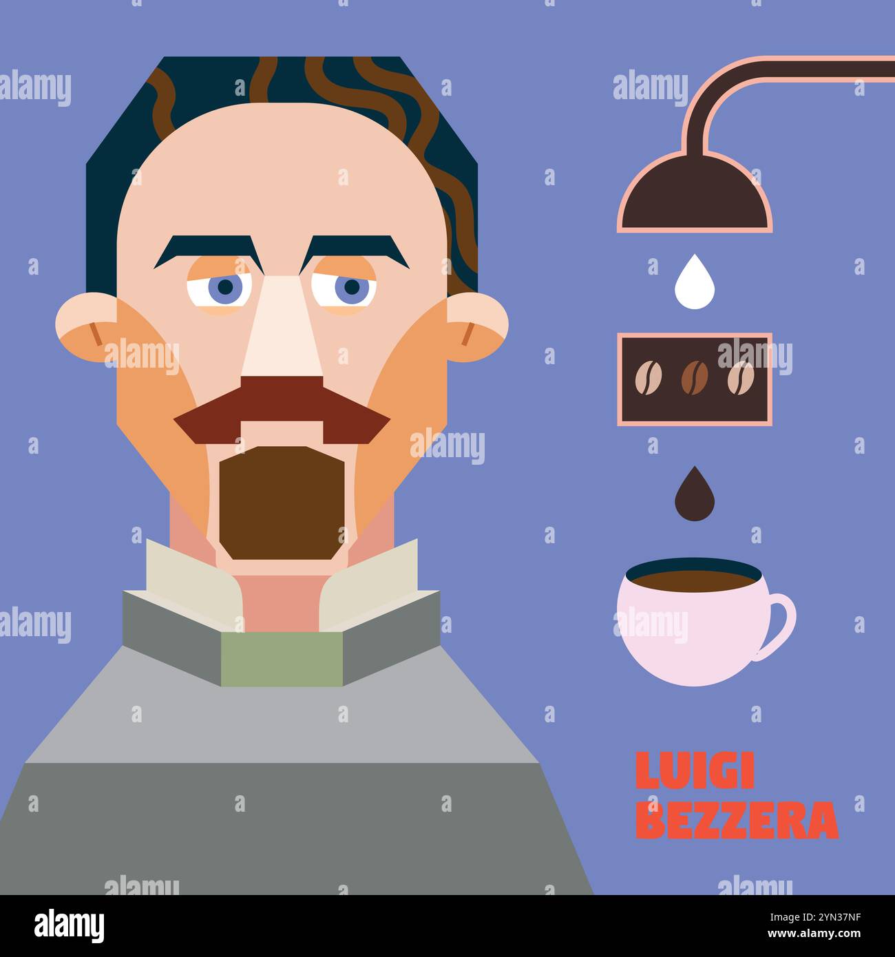 Coffee espresso machine inventor Luigi Bezzera vector portrait in geometric flat style.Coffee ...