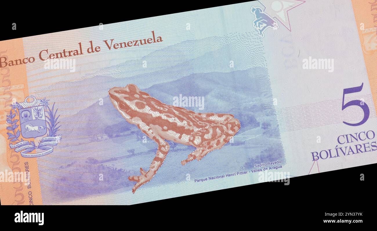 Reverse of Venezuela 5 Bolivar Banknote, that shows Coat of arms ...