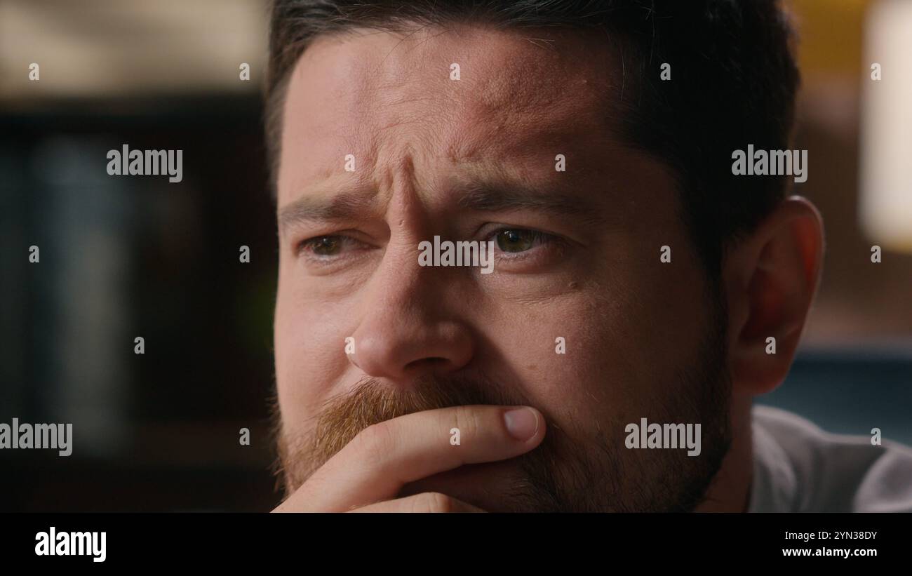 Close up upset Caucasian male businessman man guy thinking in office ...