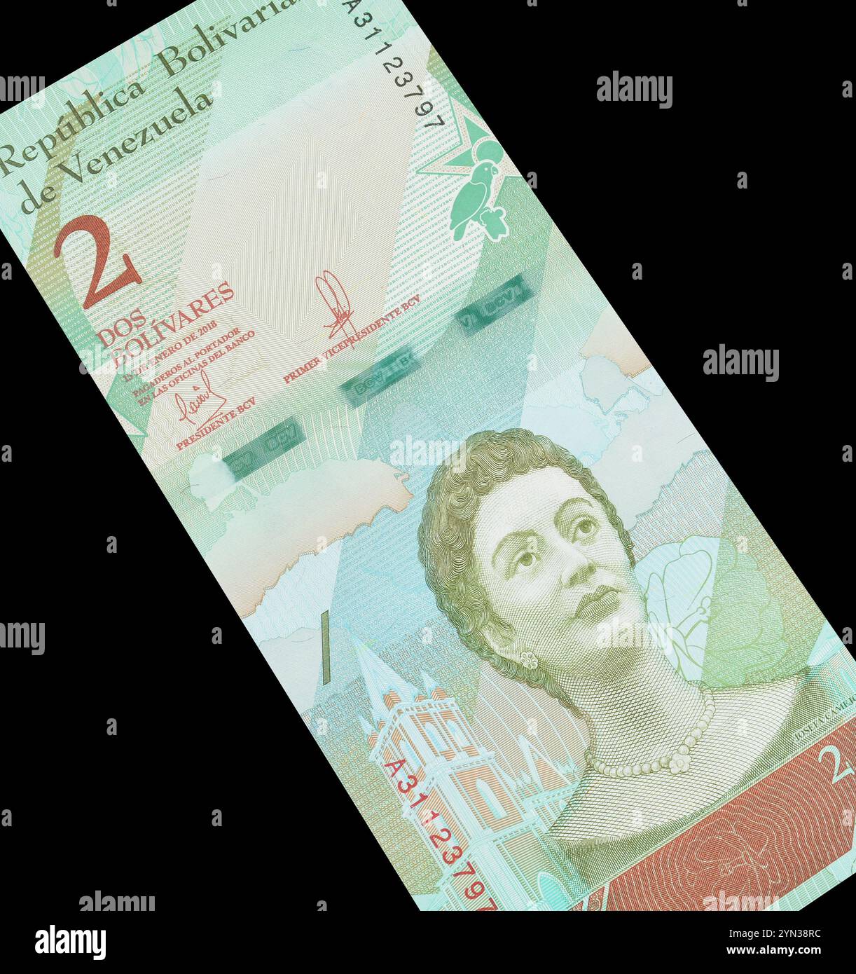 Obverse of Venezuela 2 Bolivar Banknote, that shows portrait of Josefa ...