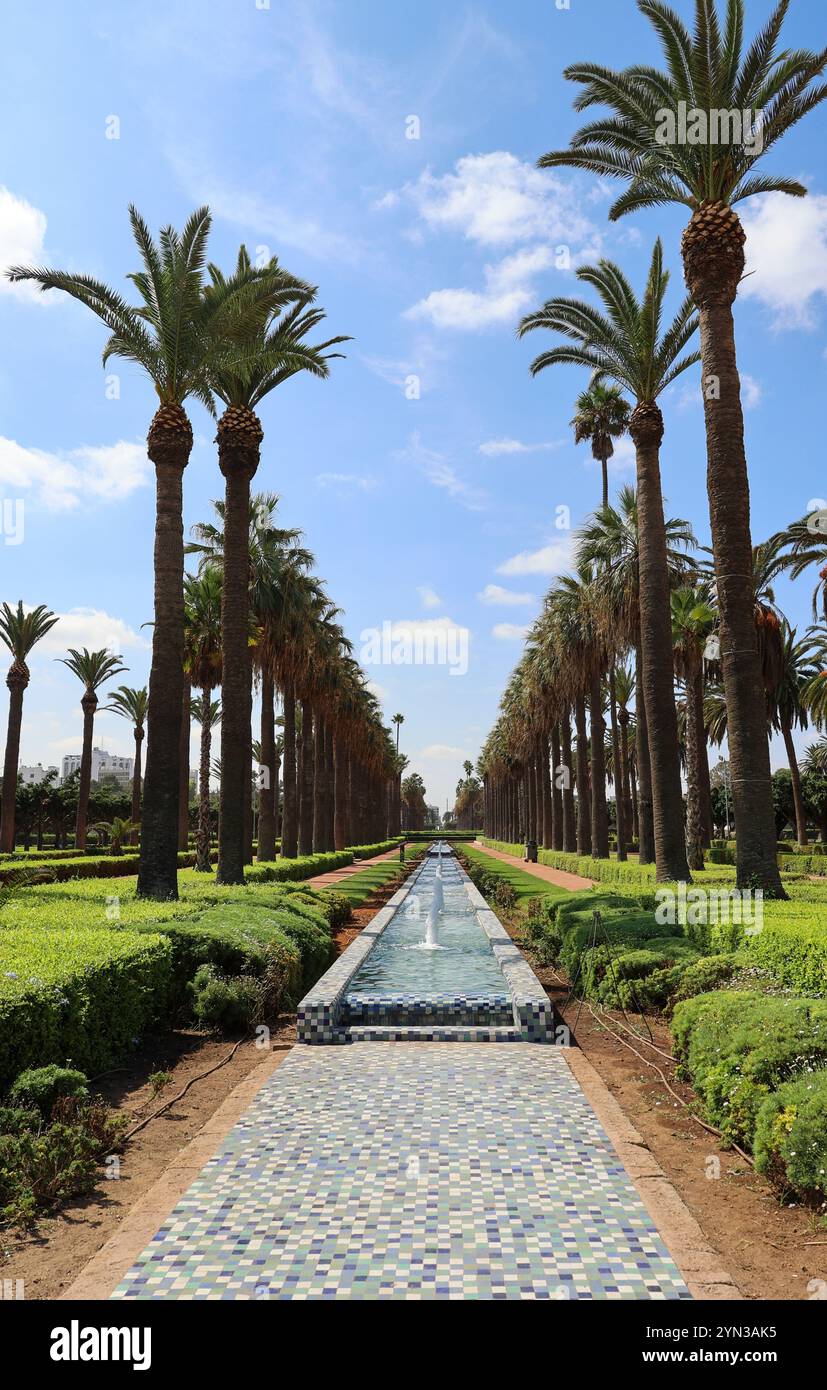 Avenue of palm trees flanking a series of fountains that make up a ...