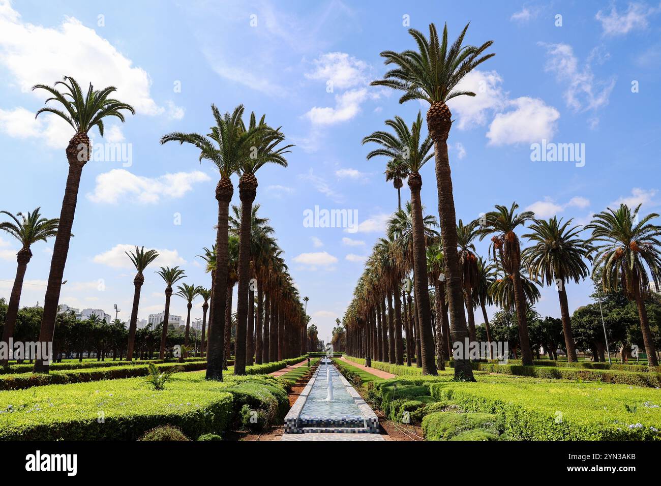 Avenue of palm trees flanking a series of fountains that make up a ...