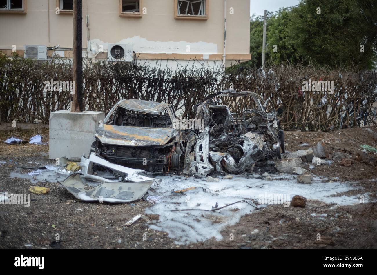 Petah Tikva, Israel. 24th Nov, 2024. Cars destroyed in the aftermath of ...
