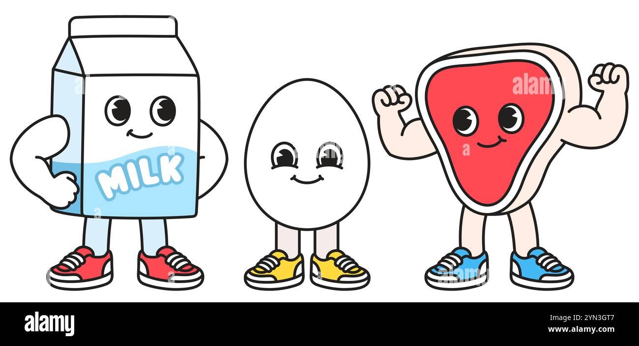 Cartoon milk carton, egg and steak character flexing muscles, funny ...
