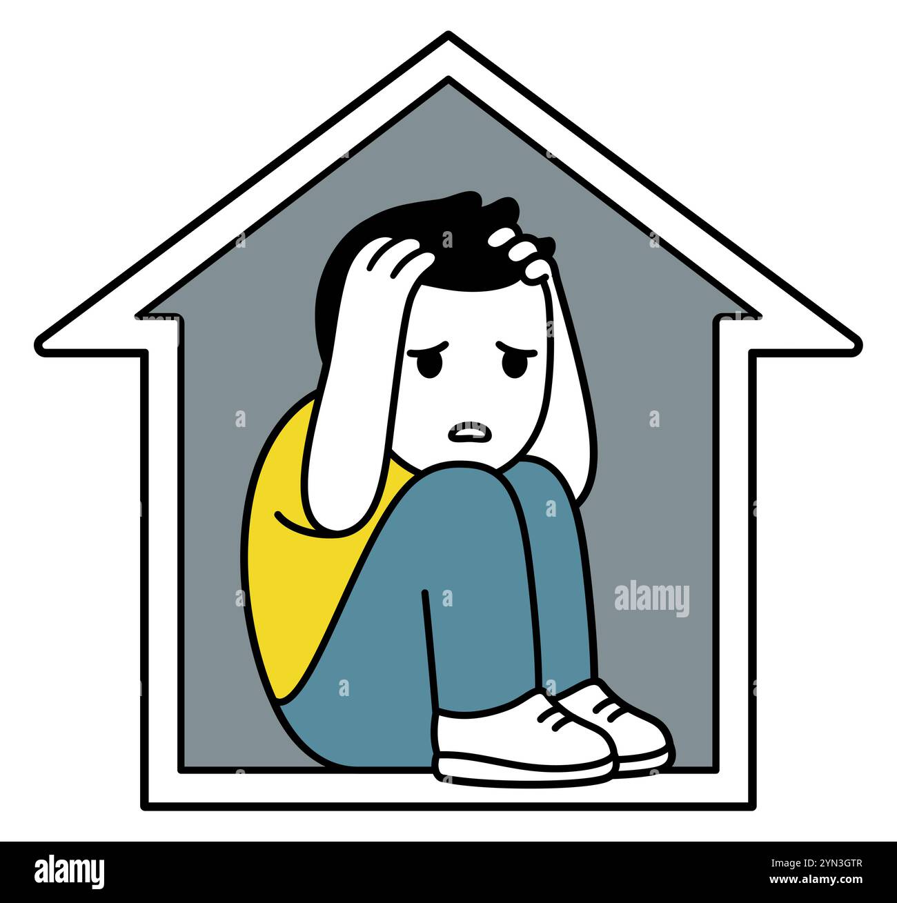 Person sitting at home curled up and bracing head. Agoraphobia, anxiety ...