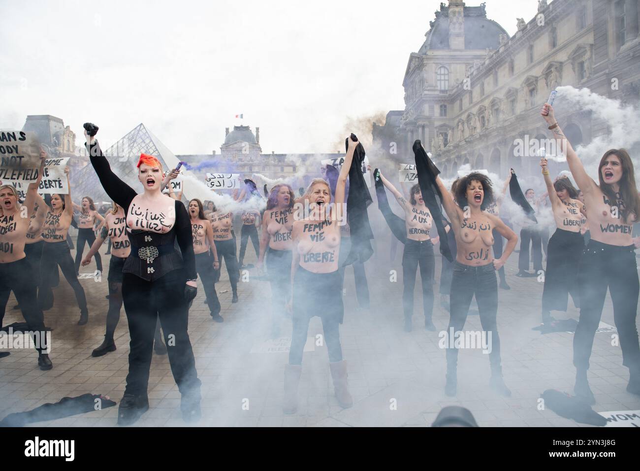 Paris, France. 24th Nov, 2024. Singer Lio during a FEMEN rally to ...