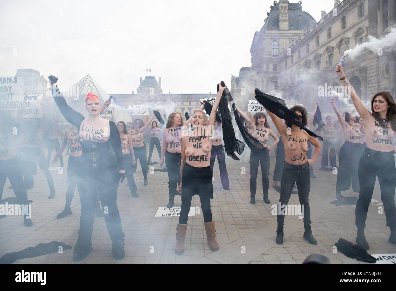 Paris, France. 24th Nov, 2024. Singer Lio during a FEMEN rally to ...