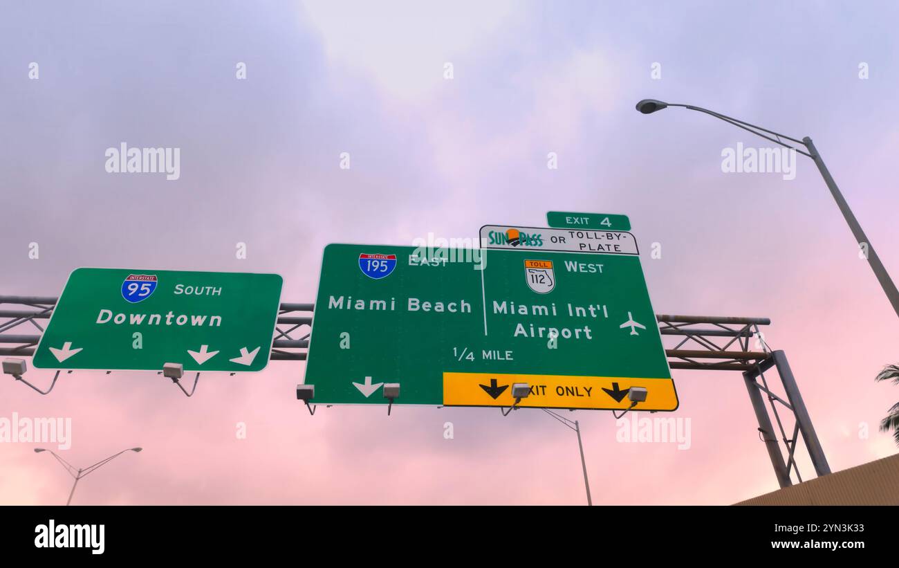 Miami Beach and Miami International Airport directional signs on the ...