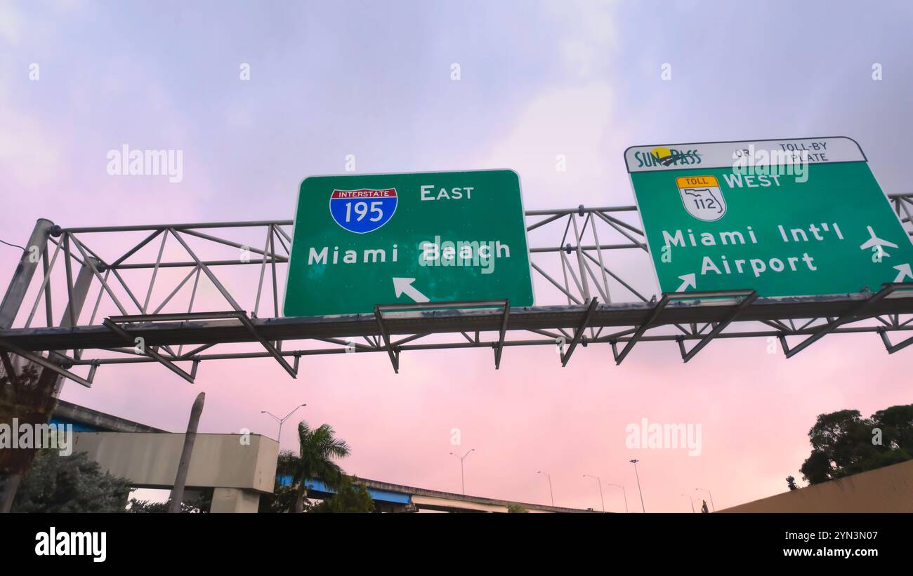 Miami Beach and Miami International Airport directional signs on the ...