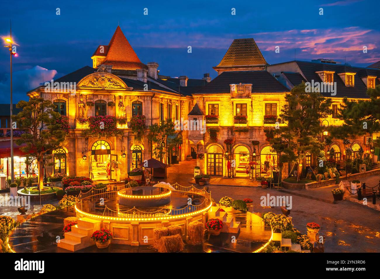 central square of medieval city in French village in Ba Na Hills Park ...