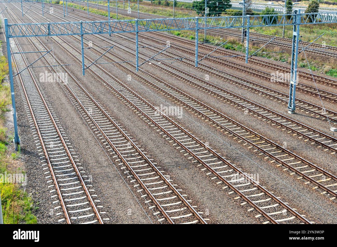A railway yard with multiple parallel train tracks. Transport, industry ...