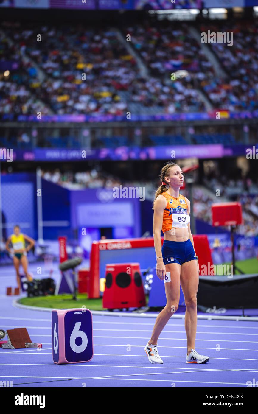 Femke Bol participating in the 400 meters hurdles at the Paris 2024 ...