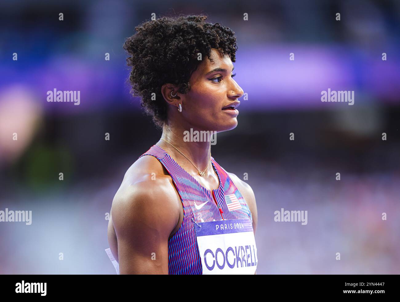 Anna Cockrell participating in the 400 meters hurdles at the Paris 2024 ...