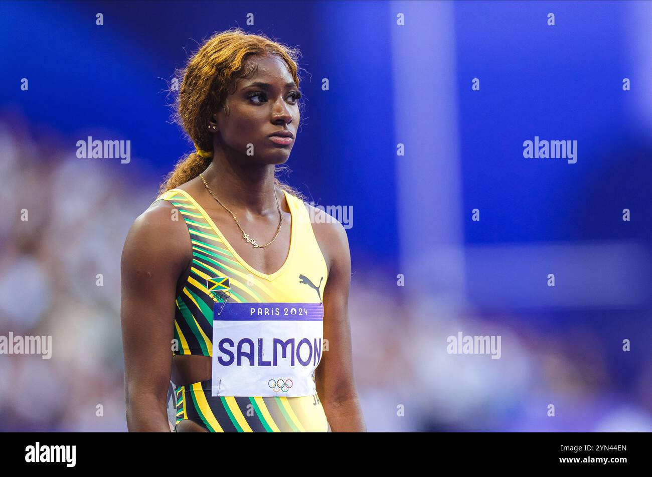 Shiann Salmon participating in the 400 meters hurdles at the Paris 2024 ...