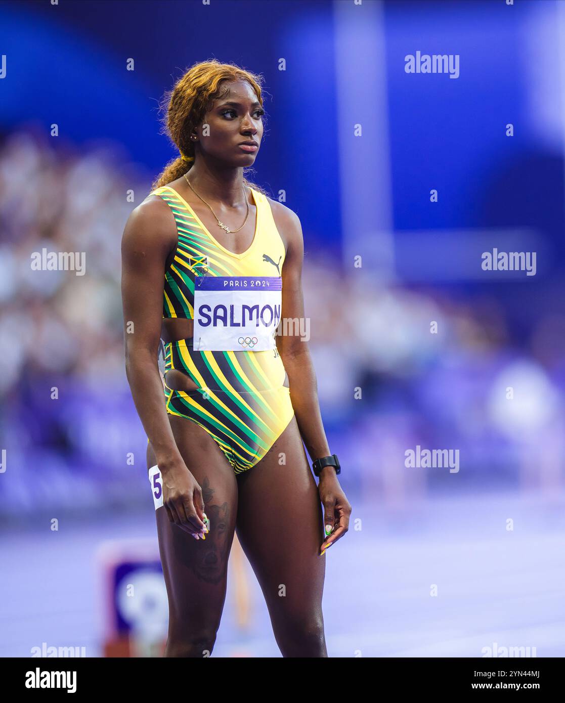 Shiann Salmon participating in the 400 meters hurdles at the Paris 2024 ...