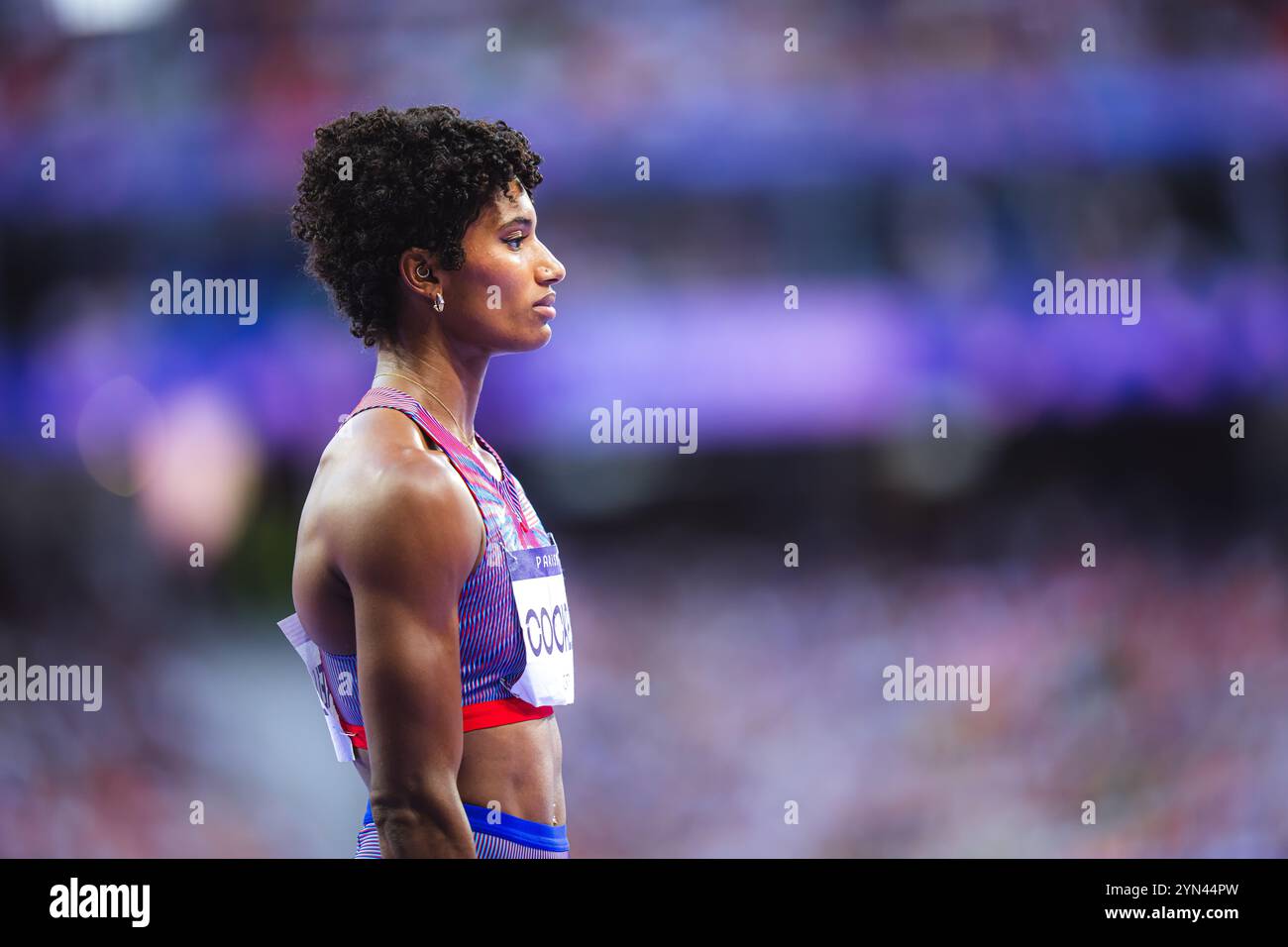Anna Cockrell participating in the 400 meters hurdles at the Paris 2024 ...