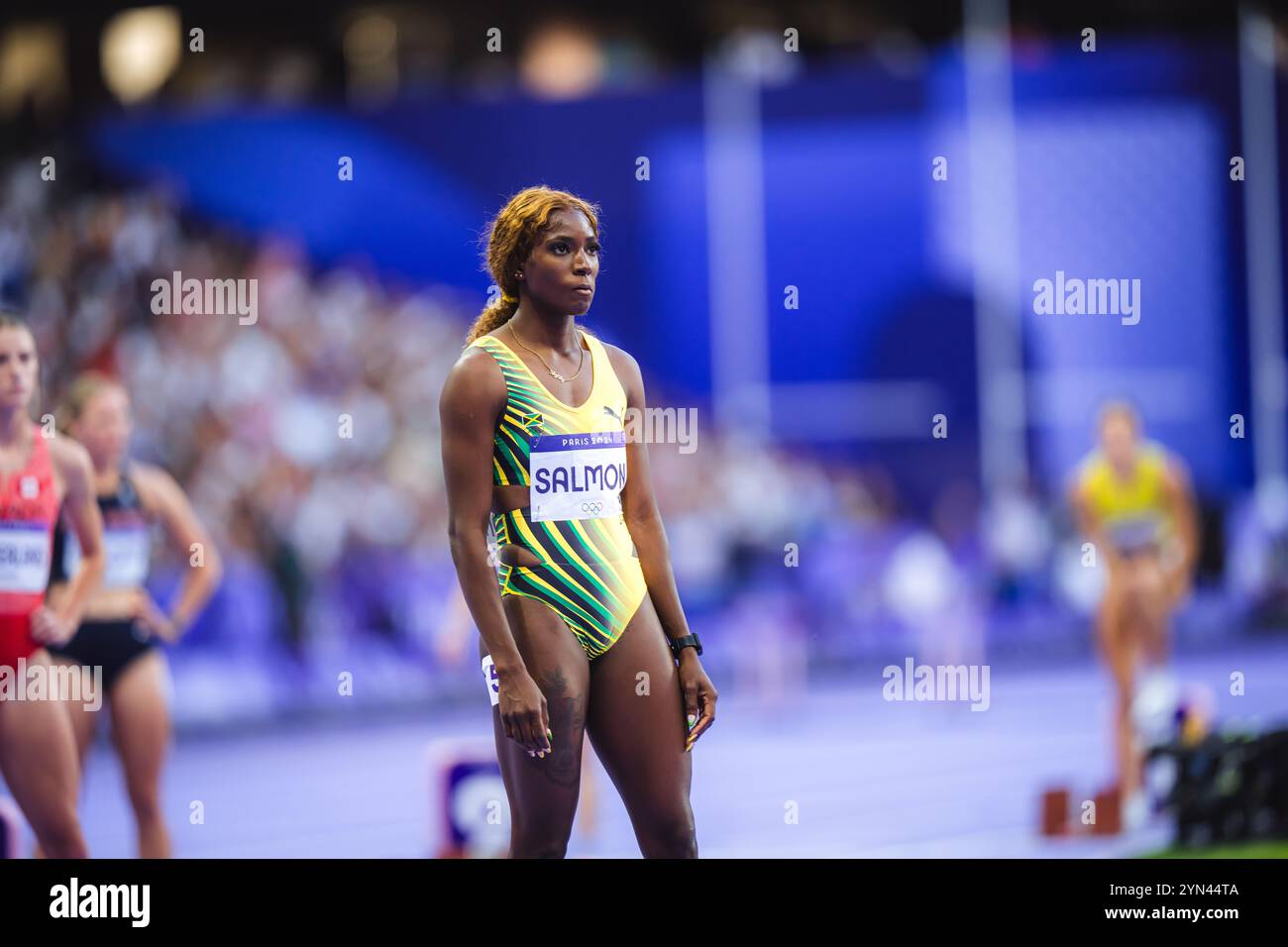 Shiann Salmon participating in the 400 meters hurdles at the Paris 2024 ...